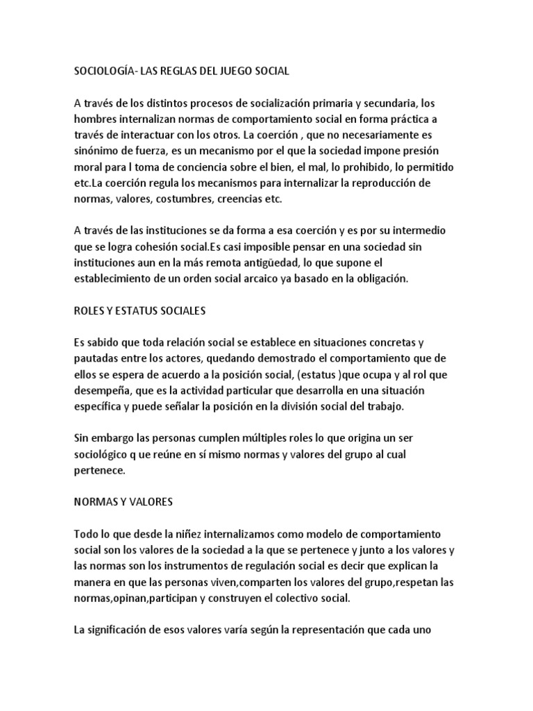 SOCIOLOGÍA - LAS REGLAS DEL JUEGO SOCIAL (Resumen) | PDF | Institución ...