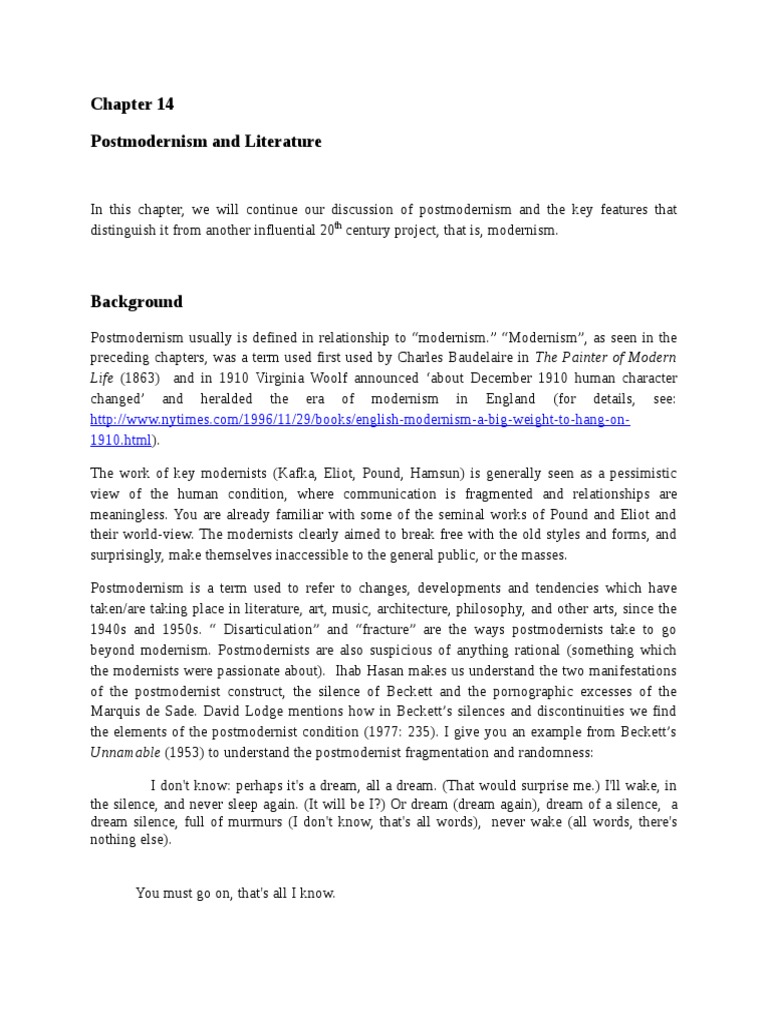 Chapter 14 Postmodernism & Lit | PDF | Postmodernism | Modernism