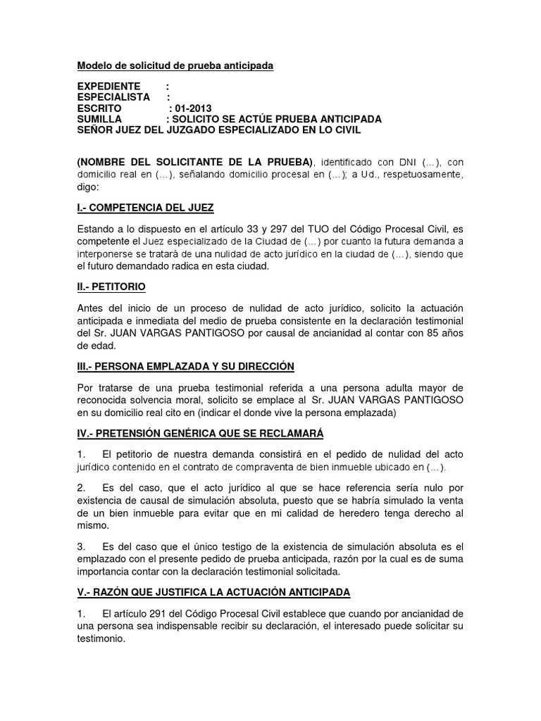 Modelo de Solicitud de Prueba Anticipada