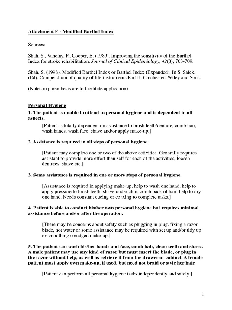 Attachment E - Modified Barthel Index - April 2007 | PDF | Urinary Incontinence | Wheelchair