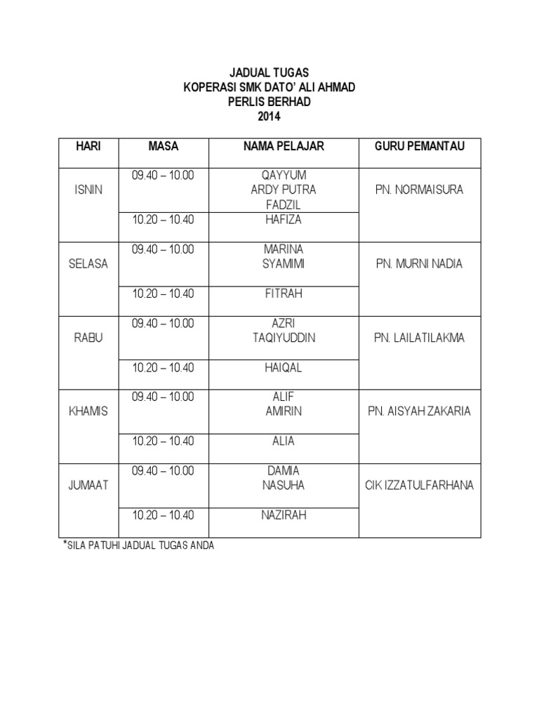 Jadual Tugas | PDF