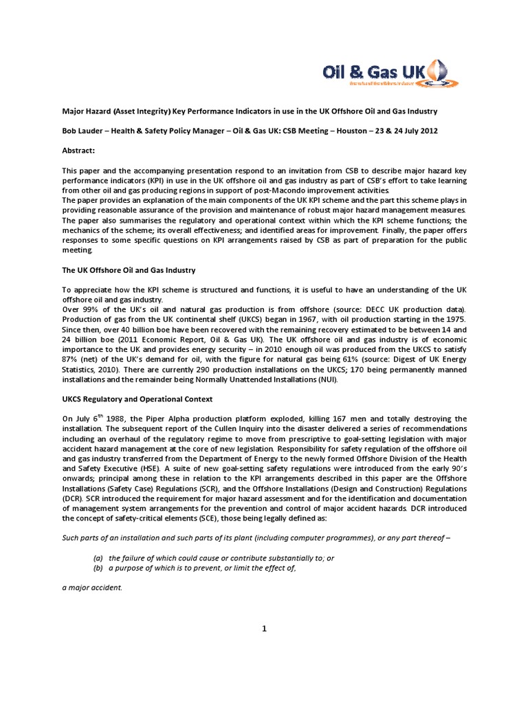 UKOOA Asset Integrity Key Performance Indicator For Use in The UK OIL ...