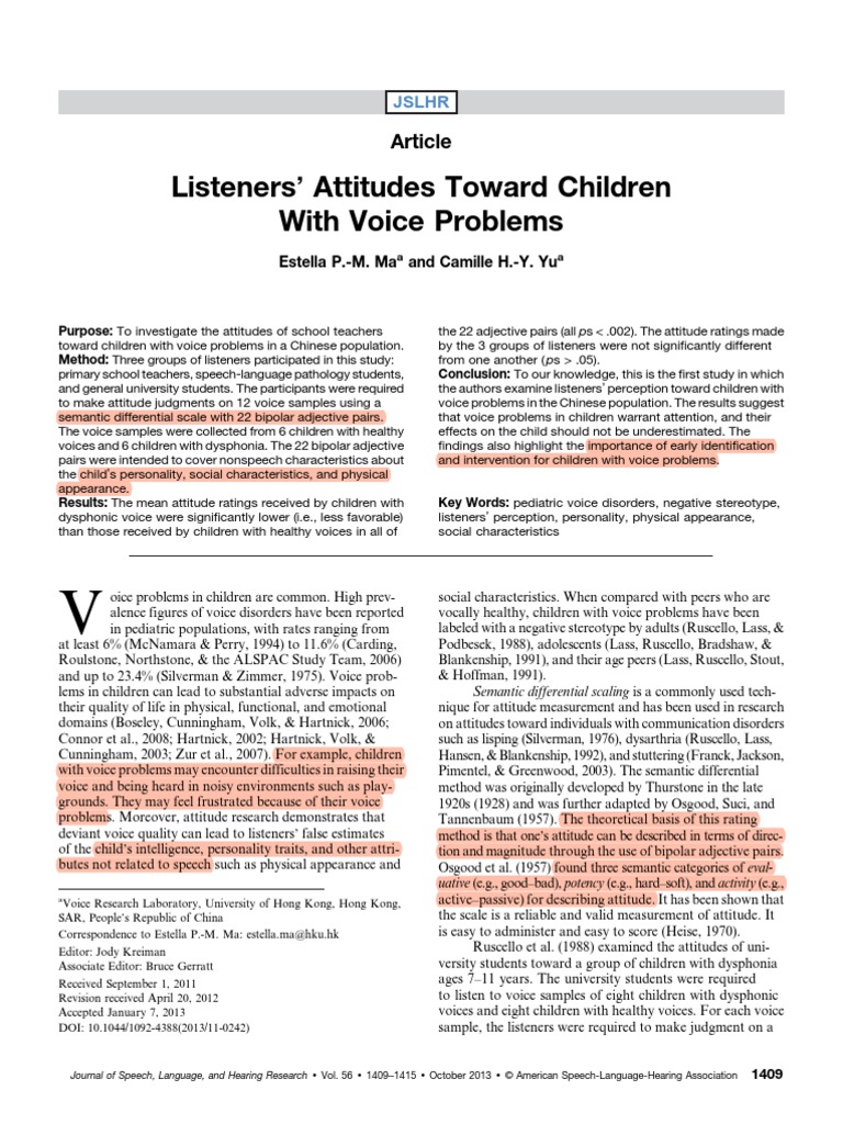 Listeners' Attitudes Toward Children With Voice Problems | PDF | Analysis Of Variance | Stereotypes