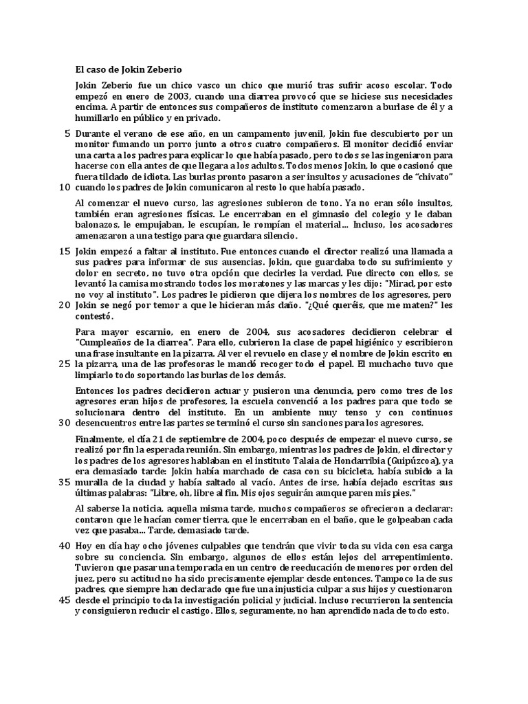 Caso Jokin Zeberio: Acoso Escolar Trágico | PDF | Violencia | Thriller ...