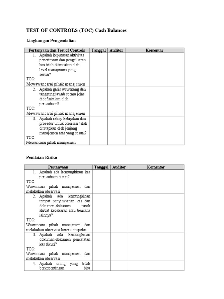 TOC: Pengendalian Kas dan Audit | PDF