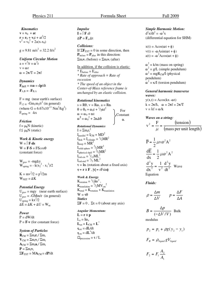 Physics 211 Kinematics and Dynamics Formula Sheet | PDF