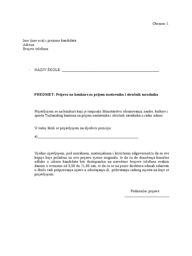 Prijava Na Konkurs Za Prijem Nastavnika I ST Saradnika | PDF