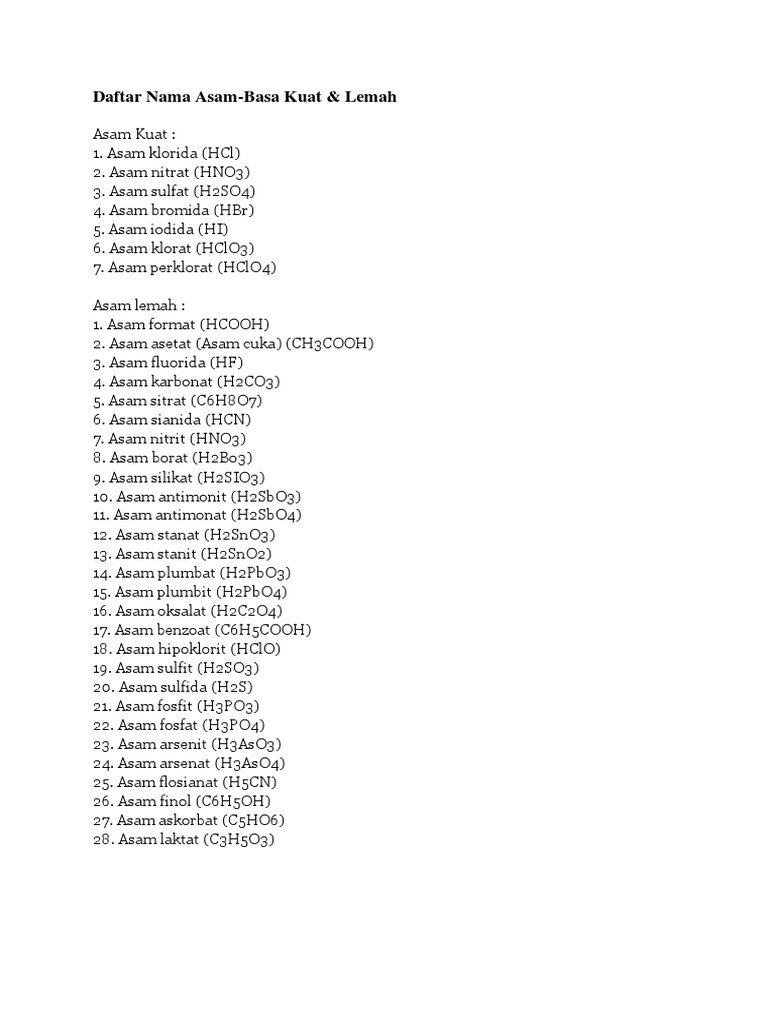 Daftar Nama Asam Basa Kuat Lemah | PDF
