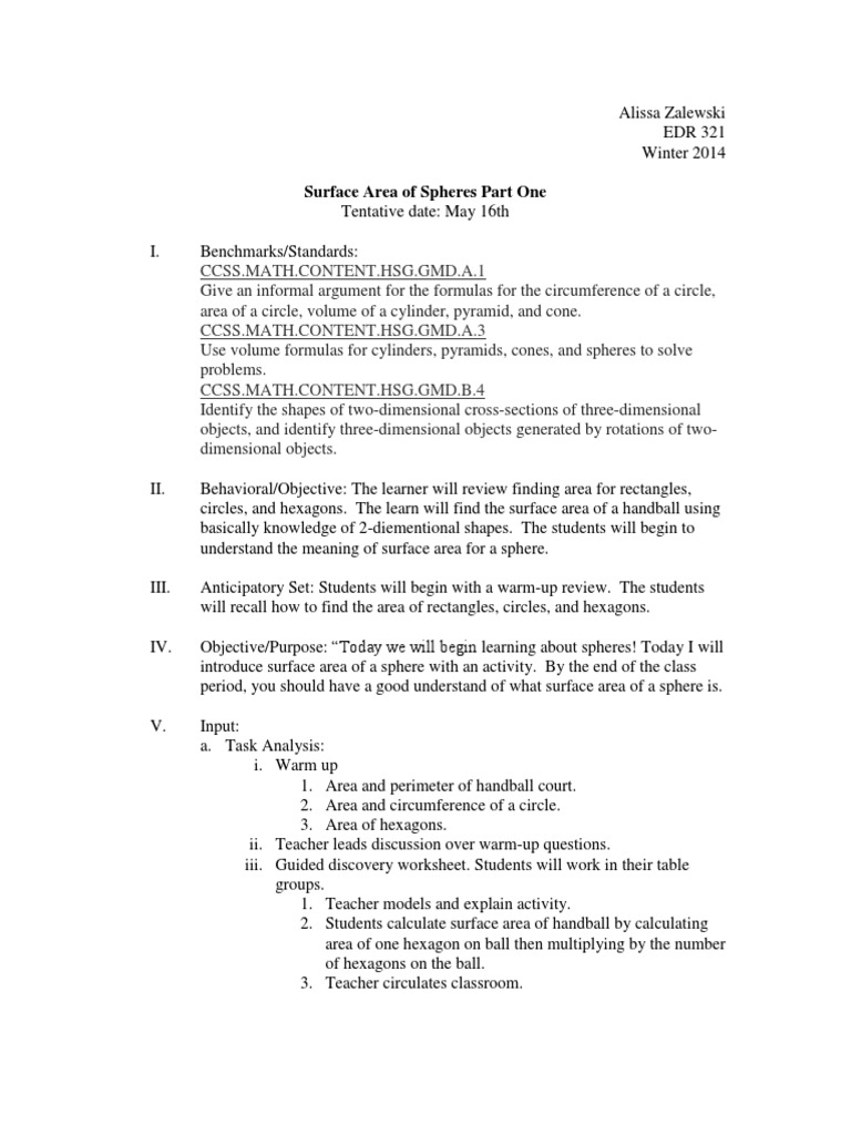 Lesson Plan 3 - Surface Area of Spheres | PDF | Area | Sphere