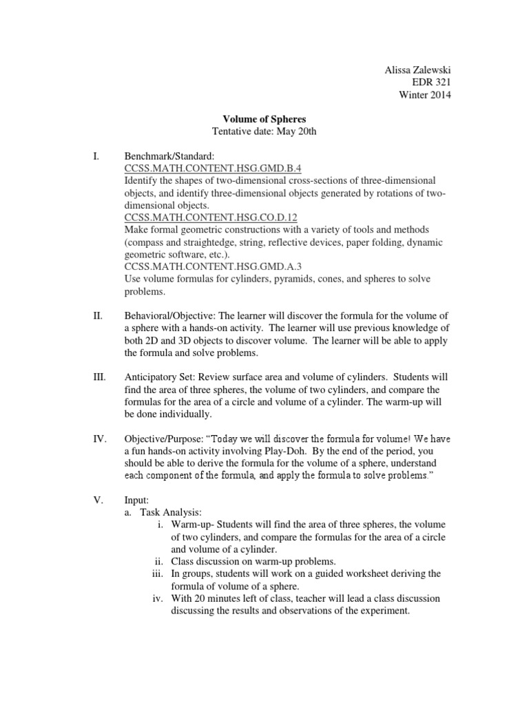 Lesson Plan 5 Volume Of Spheres Pdf Volume Sphere
