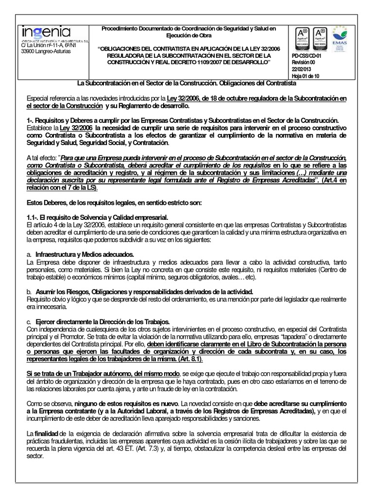 1 Obligaciones Contratista | PDF | Outsourcing | Derecho laboral