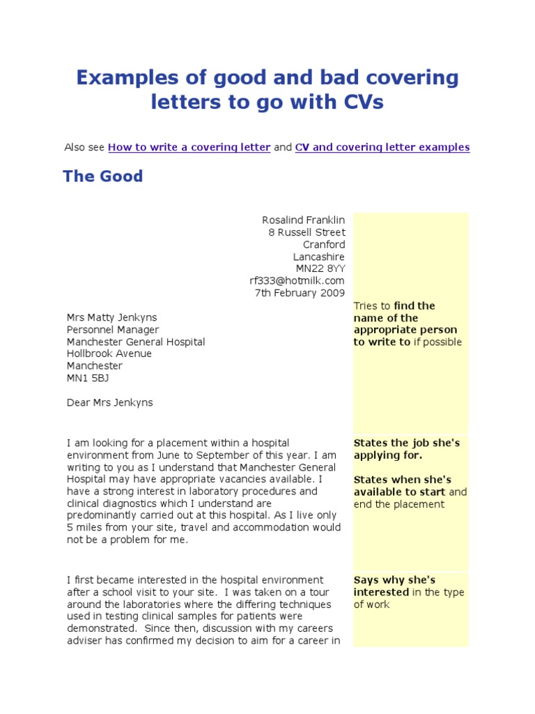 Examples of Good and Bad Covering Letters To Go With CVs | PDF | Retail ...