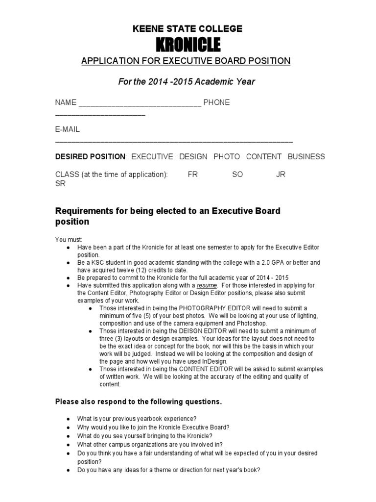 Kronicle: Application For Executive Board Position | PDF | Career ...
