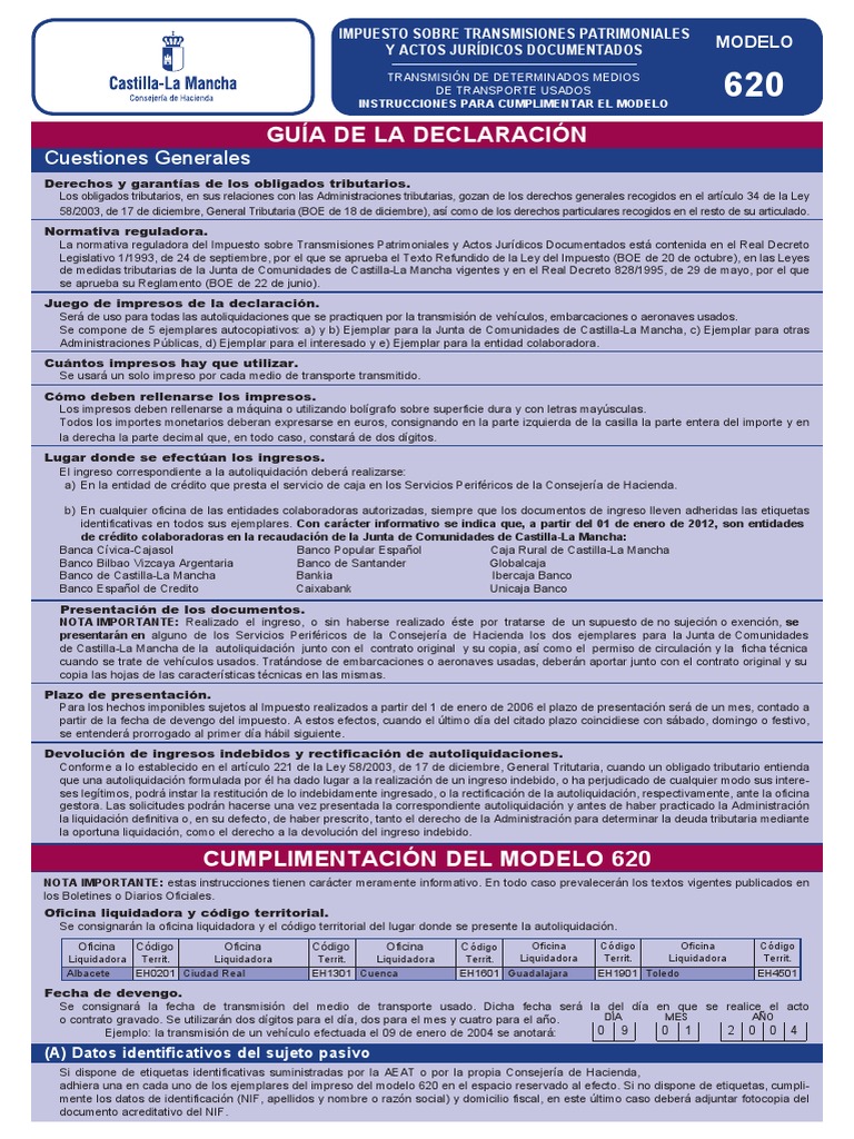 Instrucciones Modelo 620 Transmisiones Patrimoniales | PDF | Bancos ...