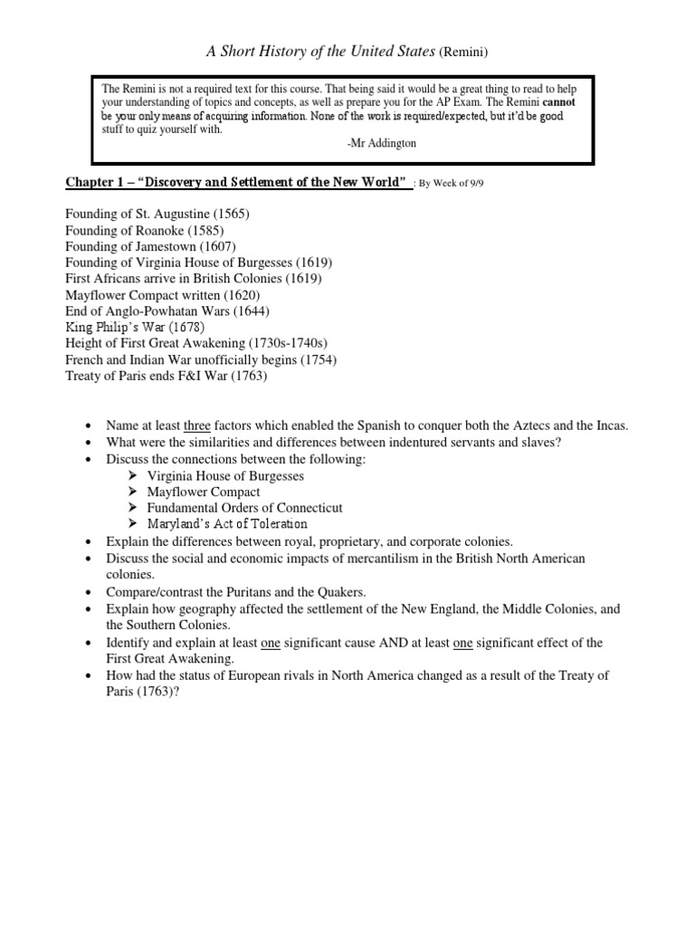 A Short History of The United States Info Sheet 1 | PDF ...