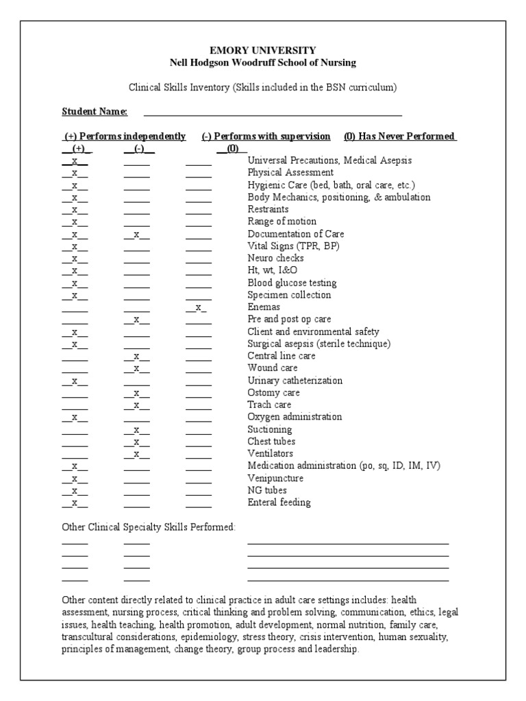 BSN Clinical Skills Inventory Checklist | PDF