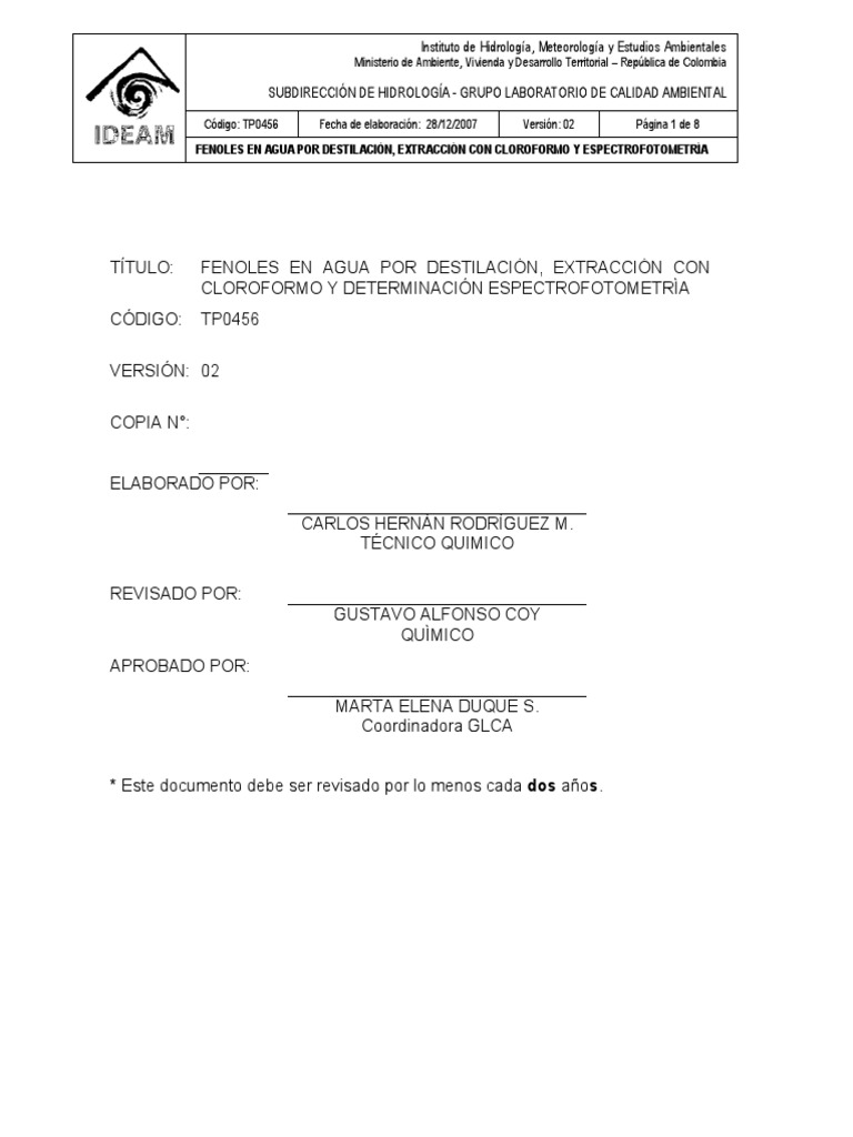 TP0456 Fenoles en Agua Por Destilación, Extracción Con Cloroformo y ...