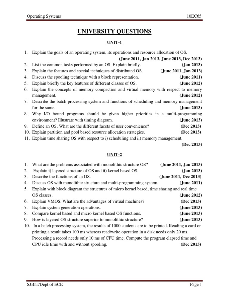Ece Vi Operating Systems (10ec65) Question Paper | PDF | Kernel (Operating System) | Operating ...