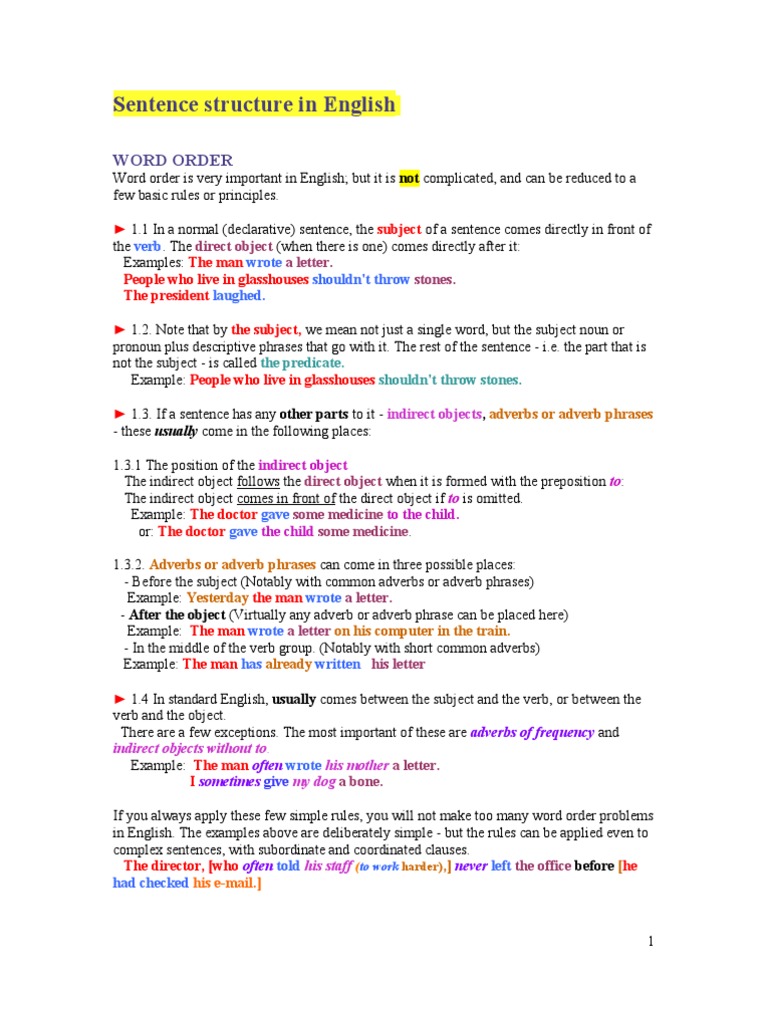 Sentence Structure in English | PDF | Verb | Adverb