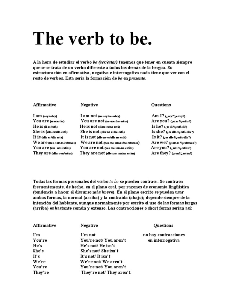 El Verbo To Be Inglés Básico Pdf Verbo Sintaxis