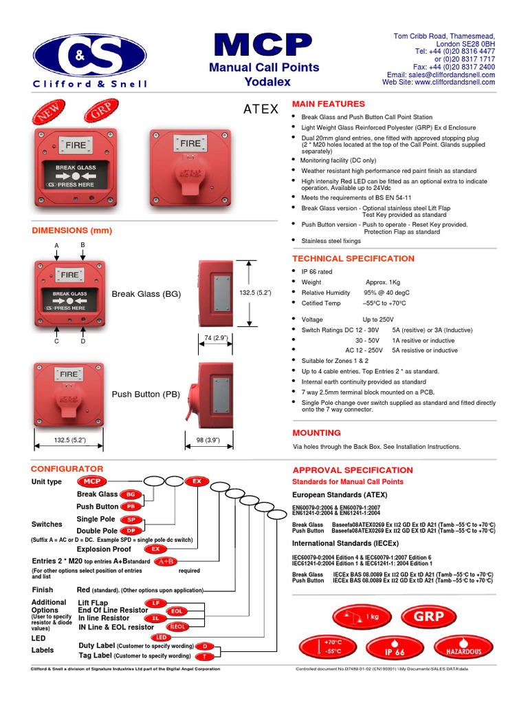 MCP Call Point Data Sheet | PDF | Switch | Electricity