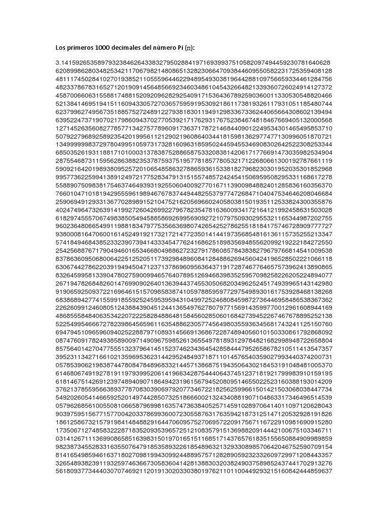 Los Primeros 1000 Decimales Del Número Pi | PDF