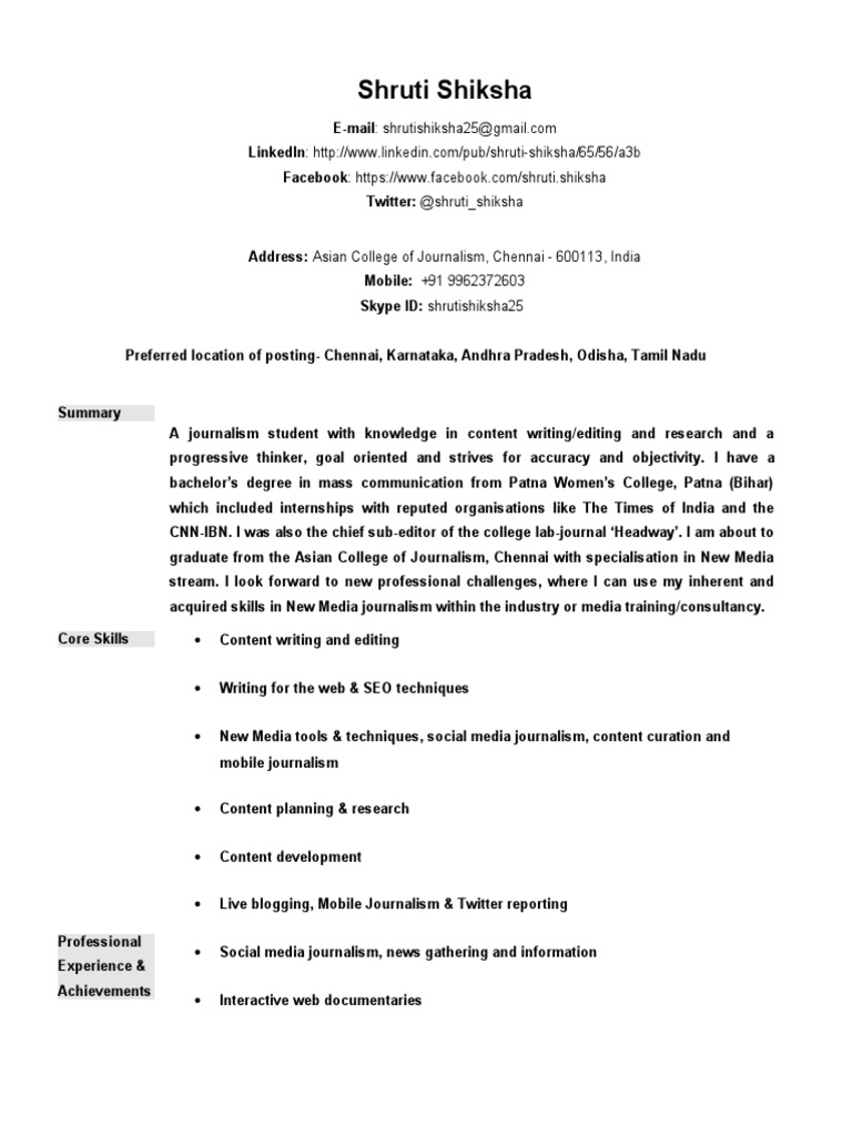CV, Shruti Shiksha (Asian College of Journalism) | PDF | Mass Media ...