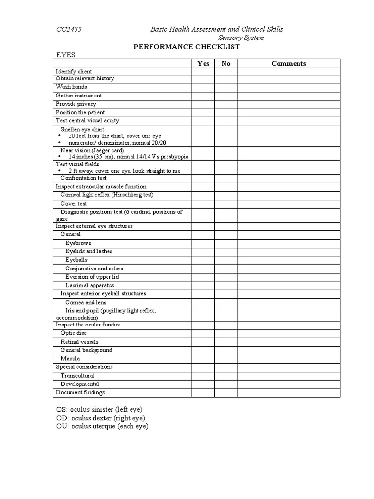 Peformance Checklist Sensory System | PDF | Human Eye | Human Nose