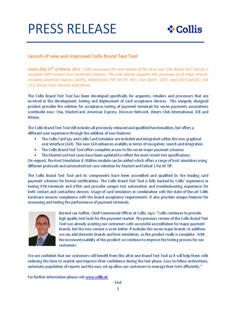 Launch of New and Improved Collis Brand Test Tool | PDF | Master Card ...