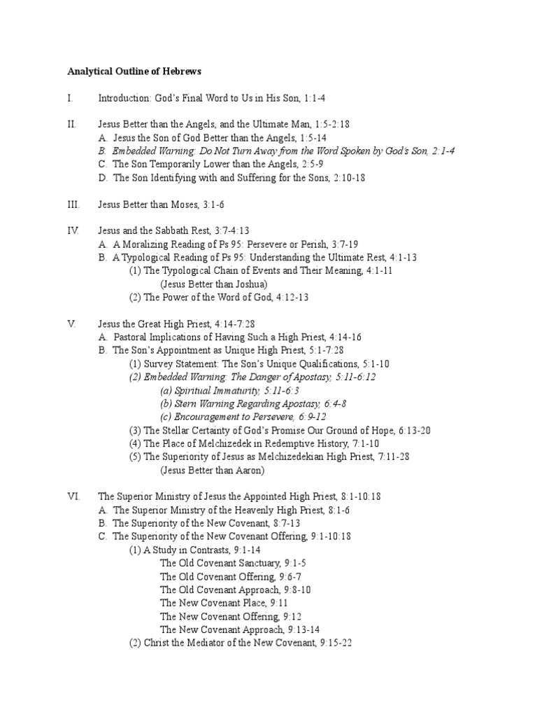 Analytical Outline of Hebrews by D.a. Carson | New Covenant | Jesus