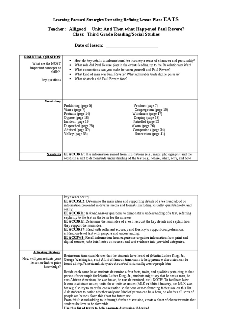 Teacher: Alligood Unit: and Then What Happened Paul Revere? Class ...