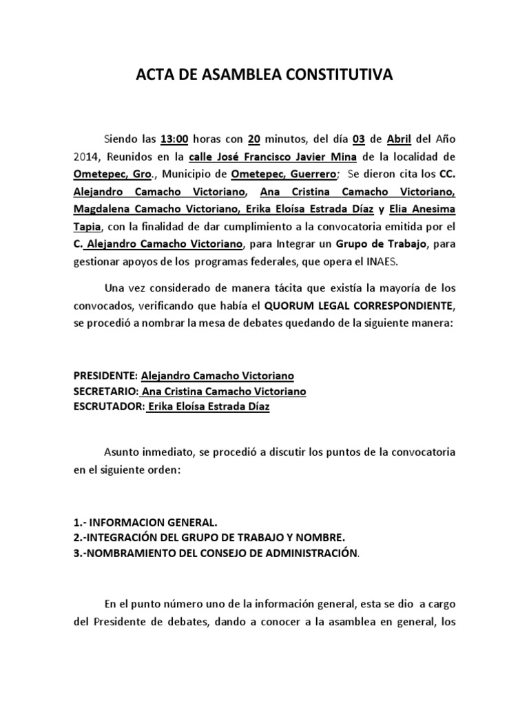 Acta Asamblea Constitutiva Alejandro | PDF | Gobierno | Política (general)