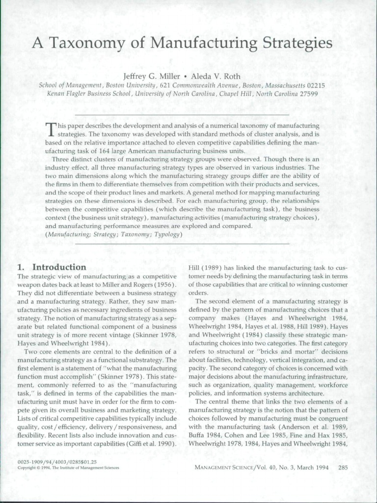 Manufacturing Strategy Taxonomy Analysis | PDF | Strategic Management ...