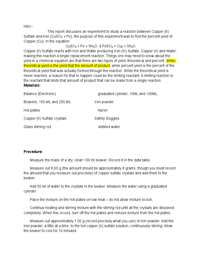 Percent Yield Lab | PDF | Copper | Chemical Reactions