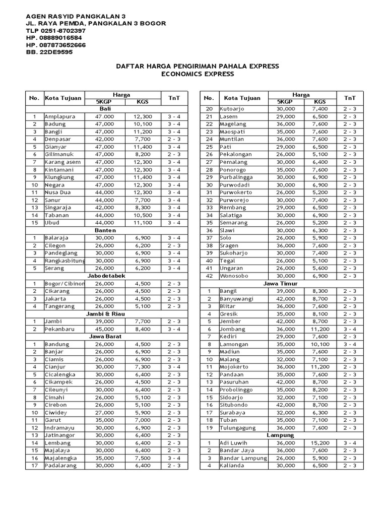 Price List Pahala Express | PDF
