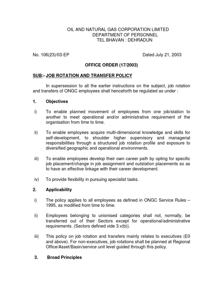 Job Rotation and Transfer Policy | PDF | Offshore Drilling | Employment