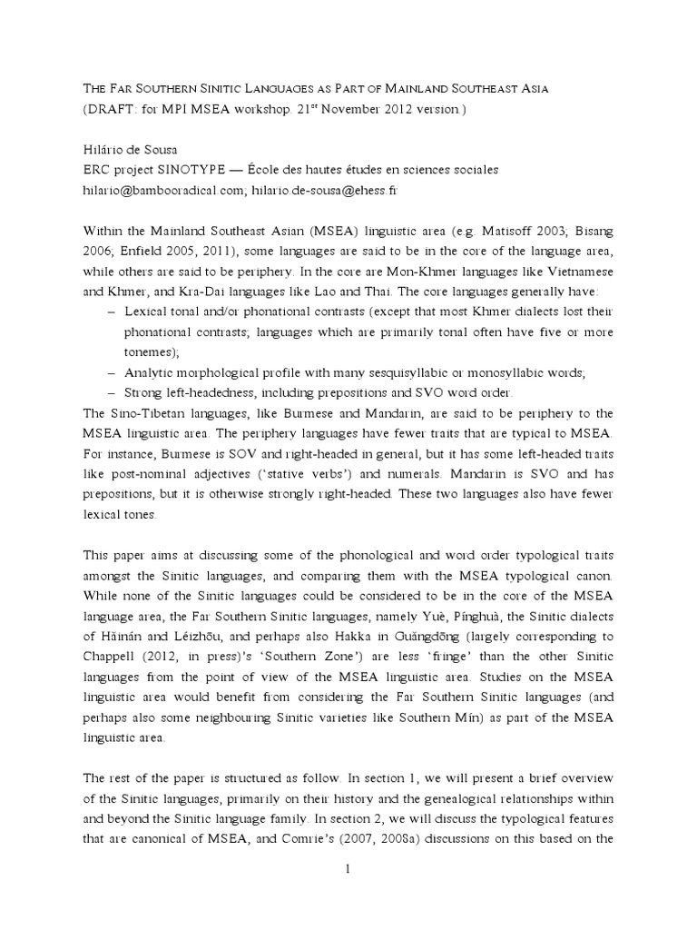 The Far Southern Sinitic Languages As Part of Mainland Southeast Asia ...