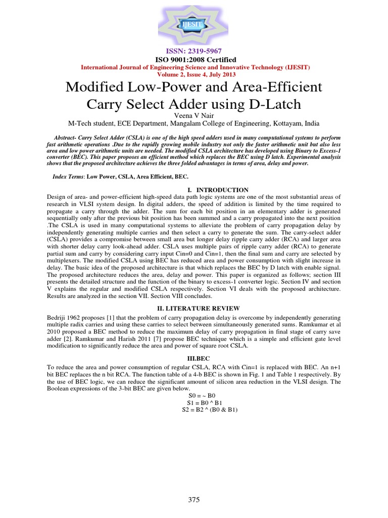 Modified Low-Power and Area-Efficient Carry Select Adder Using D-Latch | PDF | Digital ...