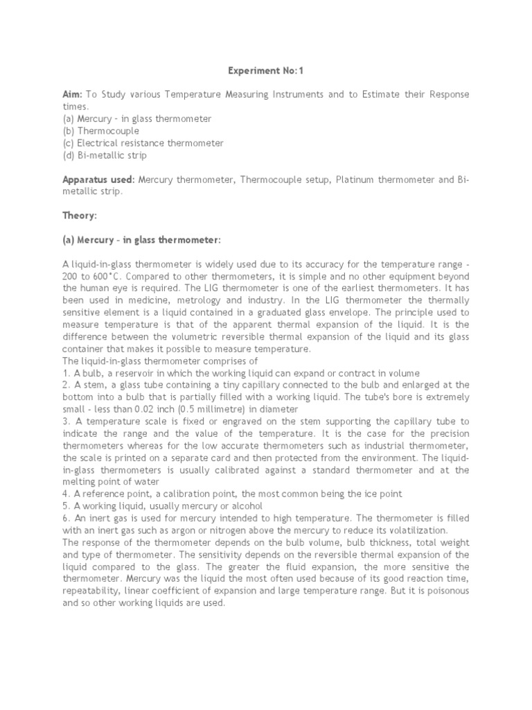 Experiment No:1 Aim: To Study Various Temperature Measuring Instruments ...