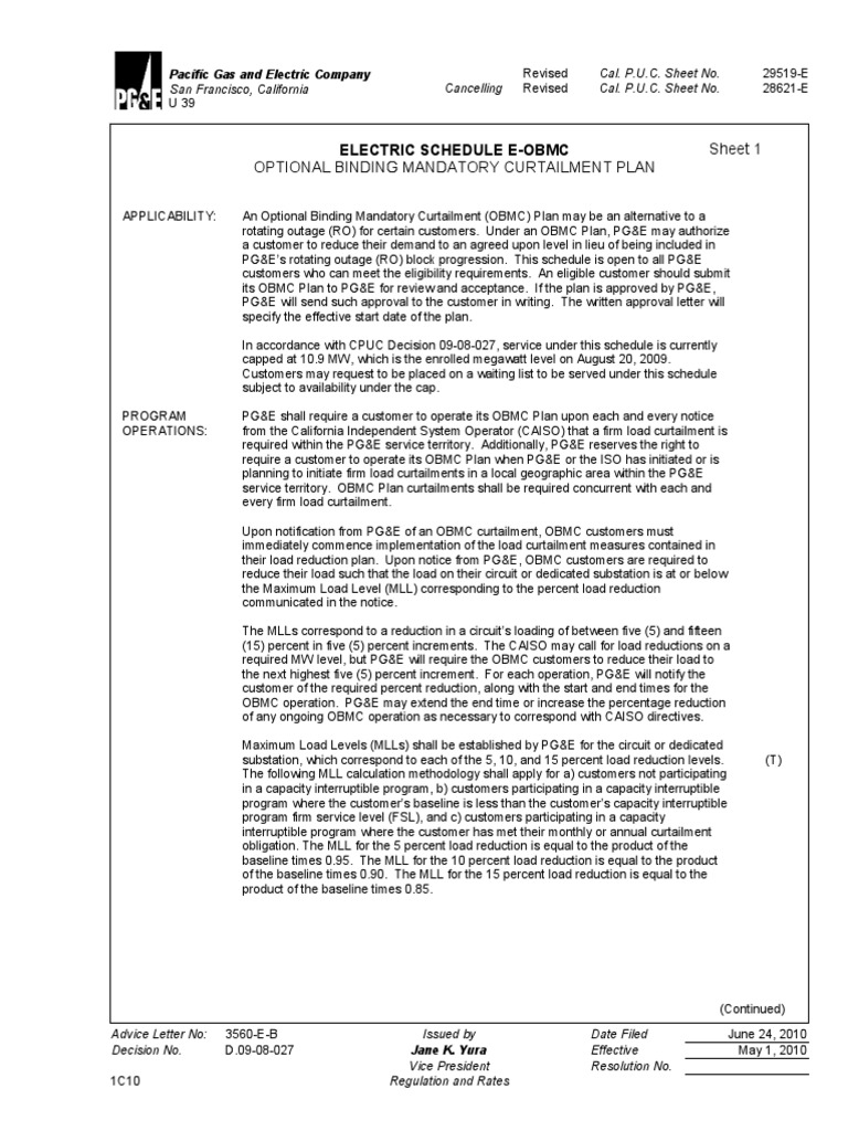 Sheet 1 Optional Binding Mandatory Curtailment Plan: Electric Schedule E-Obmc | PDF