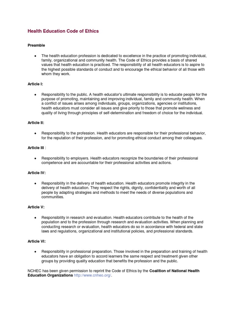 Health Education Code of Ethics | PDF | Health Education | Social ...