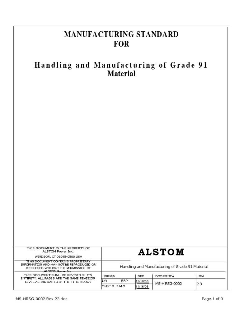 Manufacturing Standard FOR Handling and Manufacturing of Grade 91 ...