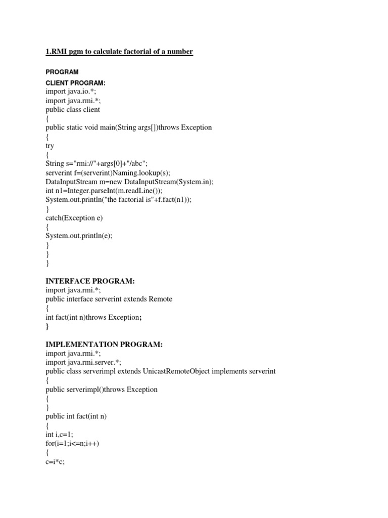 1.RMI PGM To Calculate Factorial of A Number: Program Client Program | PDF | Java (Programming ...