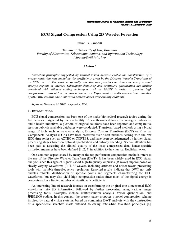 ECG Signal Compression Using 2D Wavelet Foveation | PDF | Data Compression | Wavelet