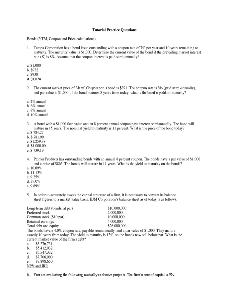 Tutorial Practice Questions | PDF | Bonds (Finance) | Internal Rate Of ...