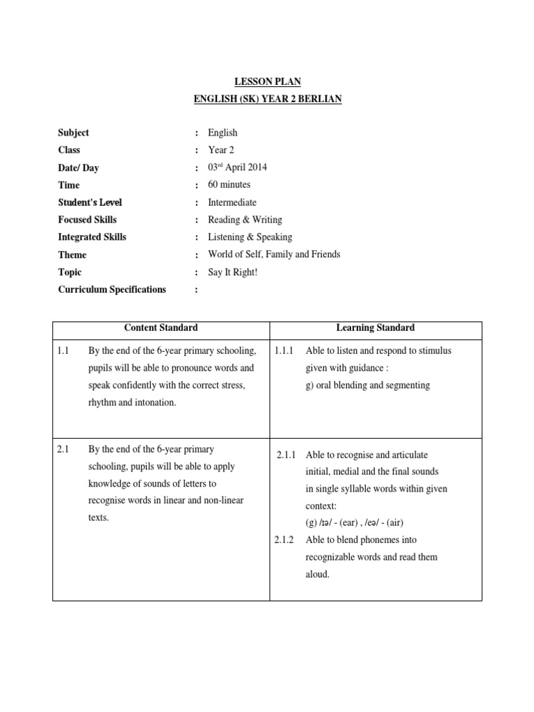 Lesson Plan English KSSR Year 2 | Download Free PDF | Lesson Plan ...