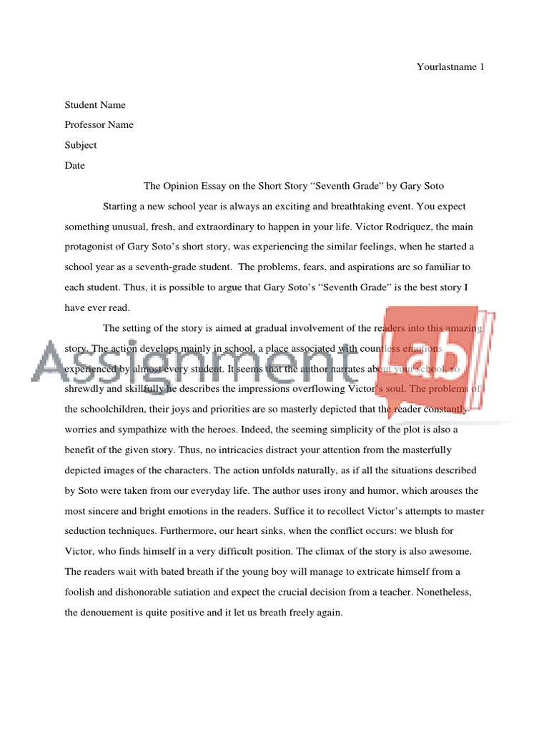 The Opinion Essay On The Short Story "Seventh Grade" by Gary Soto | PDF ...