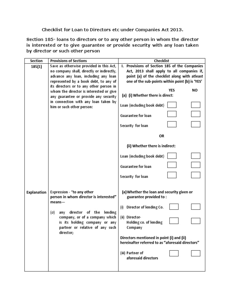 Check List Section 185 of Companies Act 2013 | PDF | Guarantee | Loans
