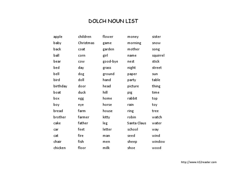 Dolch Nouns List for Early Learners | PDF