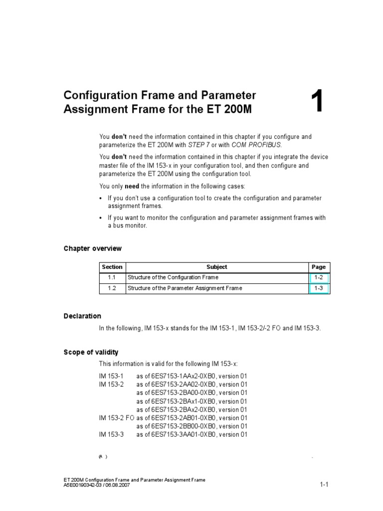 Configuration Frame and Parameter Assignment Frame For The ET 200M ...